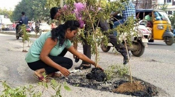 Hyderabad: Locals Stage Protest by Planting Trees Inside Potholes on ...