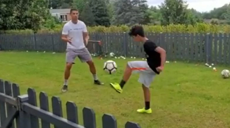 CR7, Son Cristiano Ronaldo Jr. Practise Football in Garden Ahead of ...