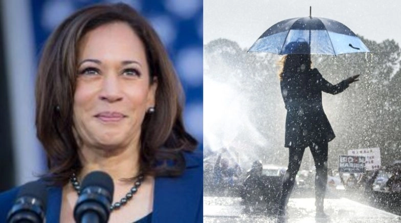 Kamala Harris Dances in the Rain Holding Umbrella at Florida Campaign ...