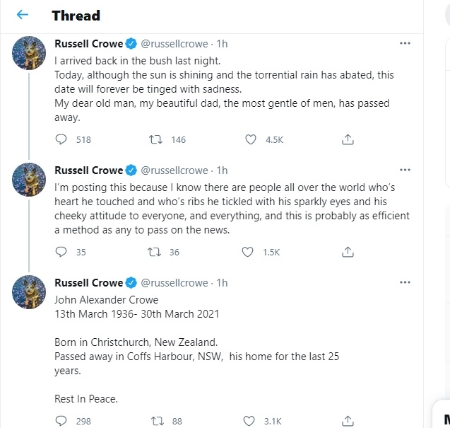 Russell Crowe's Father John Alexander Crowe Passes Away; The Actor ...