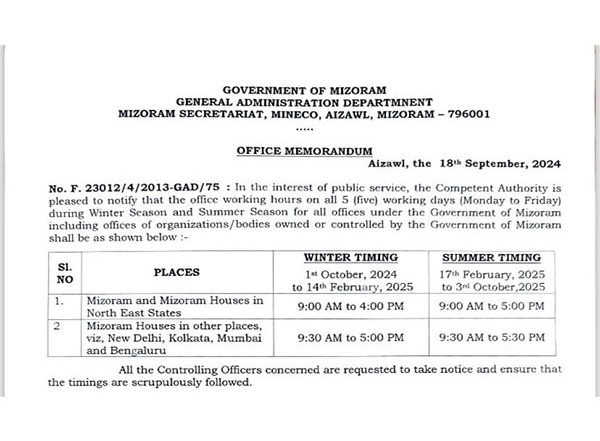 India News | New Office Timings Issued for Mizoram Secretariat Issues ...